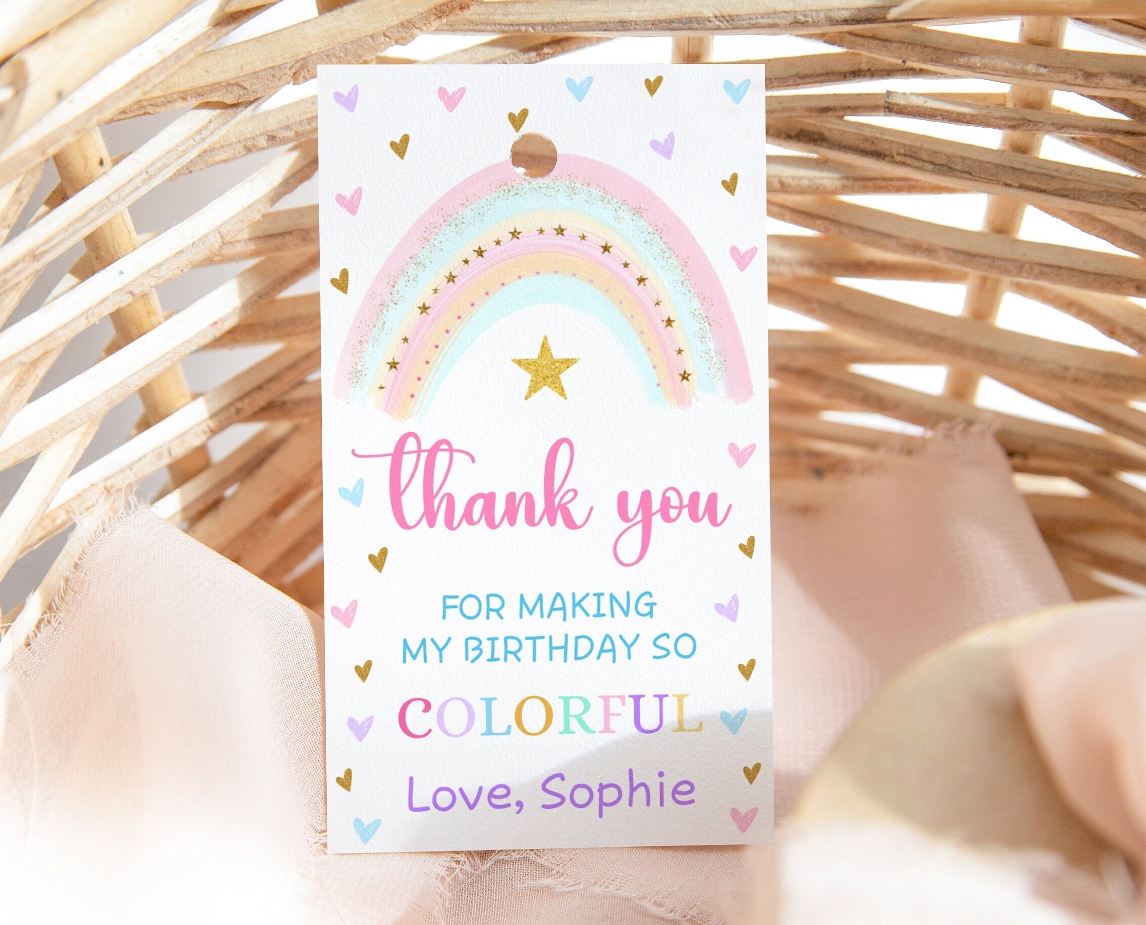 Rainbow Birthday Thank You Tag, Pastel Rainbow Party Gift Tags, Rainbow ...
