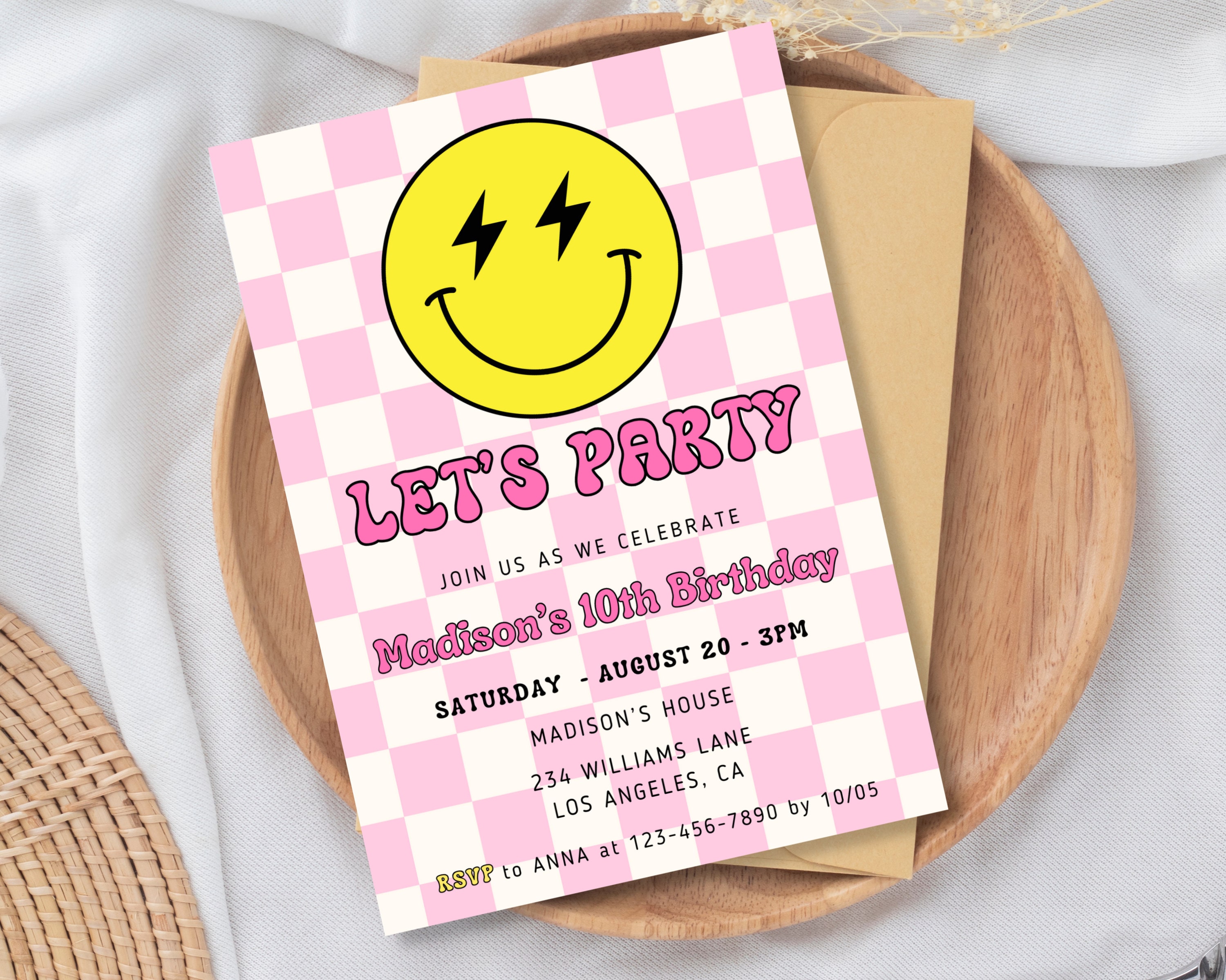 Smiley Face Invite, Smiley Face Birthday Invitation, Pink Retro ...