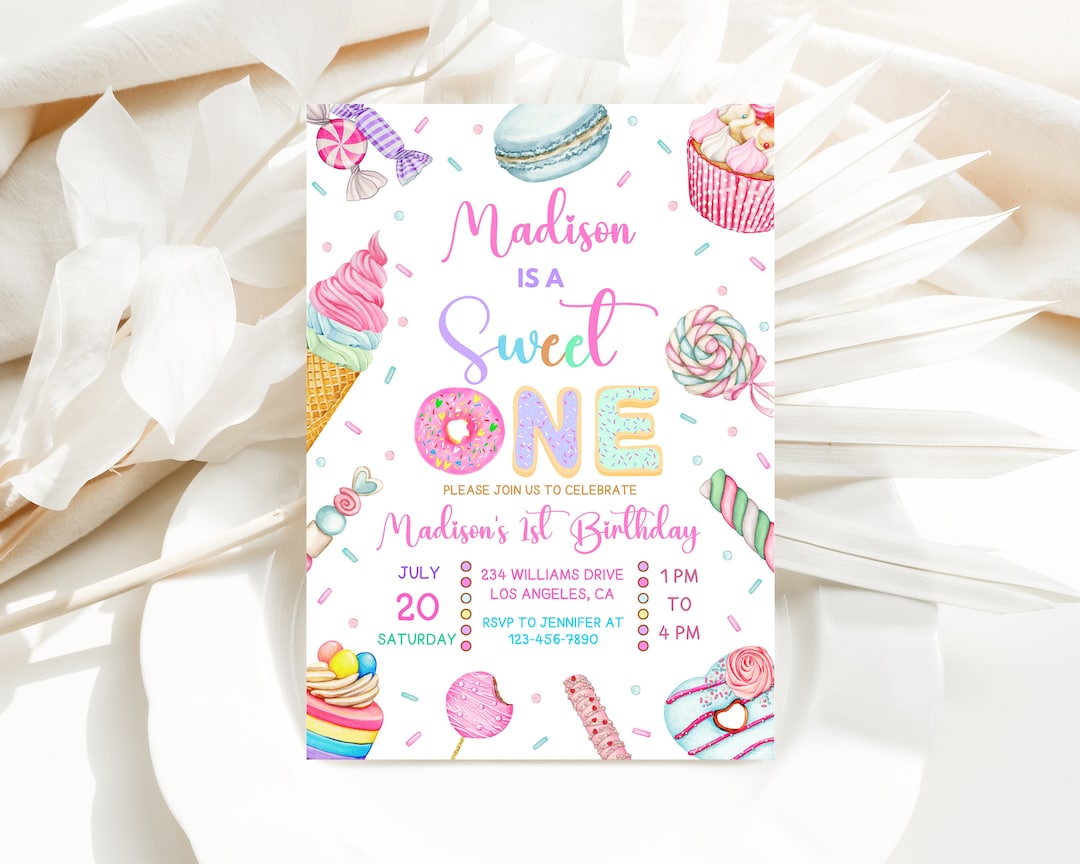 Sweet One Birthday Invitation, First Candy Sweet Birthday Girl Invite ...