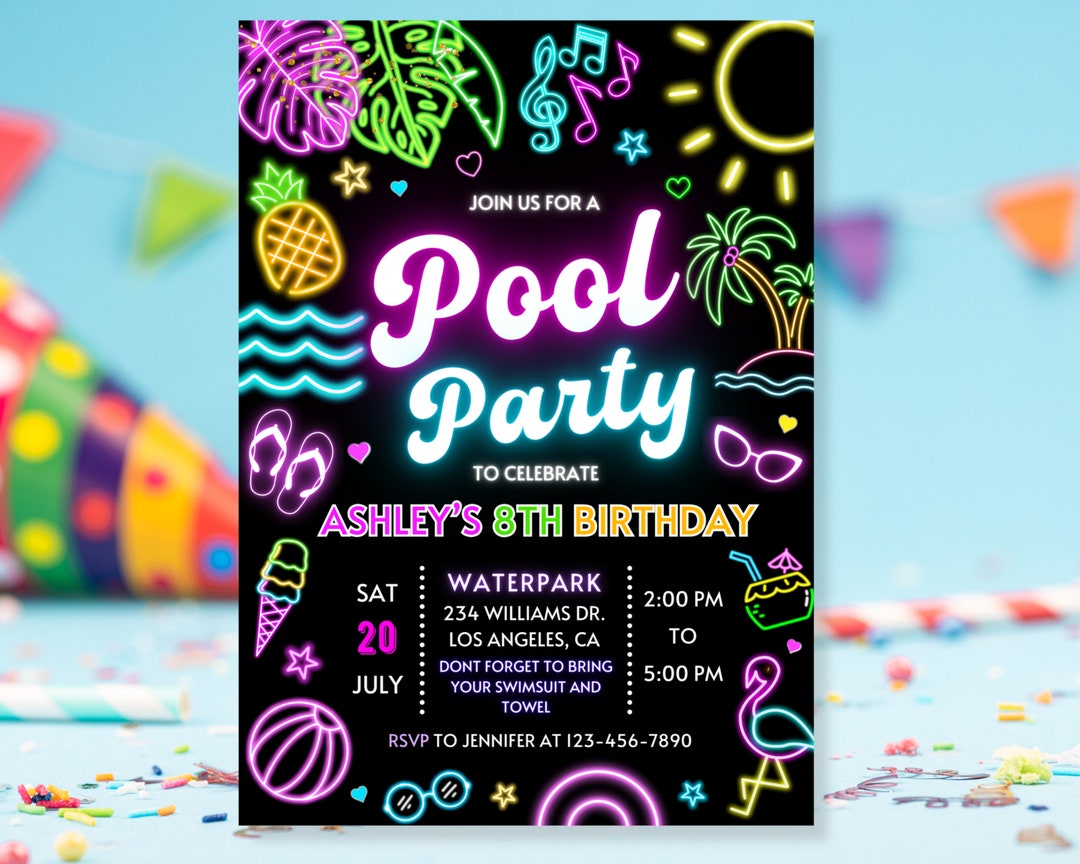 Pool Party Invitation, Glow Neon Pool Party Invite, Girl Boy Tropical ...