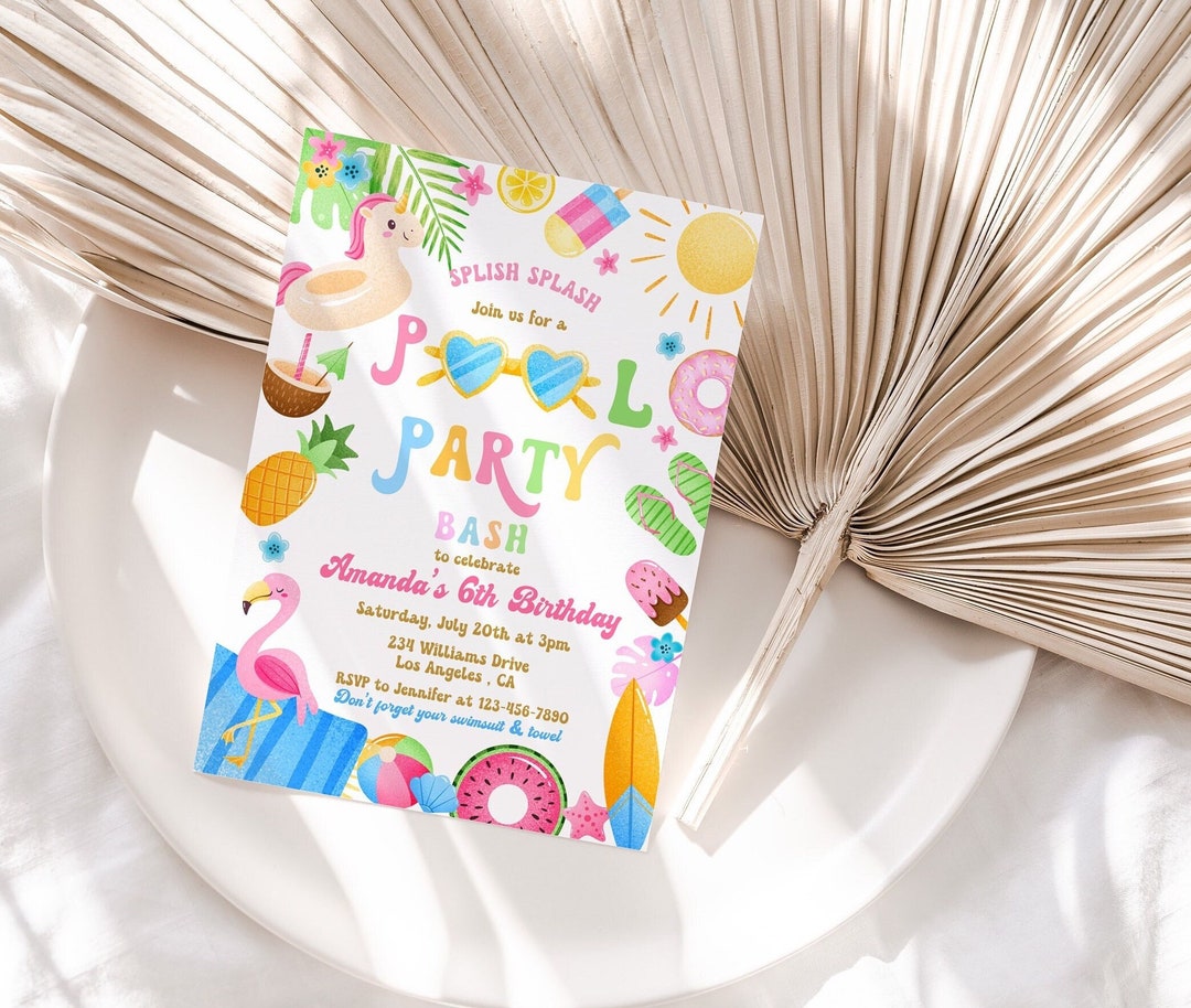 Pool Party Invitation, Editable Tropical Splish Splash Girly Pool Party ...
