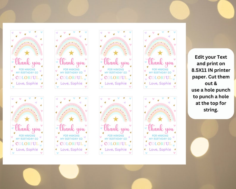 Rainbow Birthday Thank You Tag, Pastel Rainbow Party Gift Tags, Rainbow ...