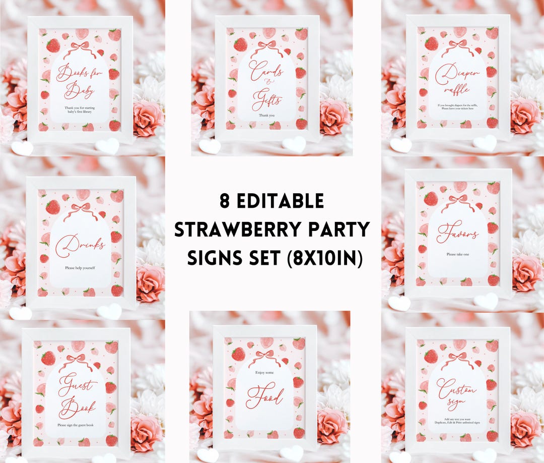 Strawberry Baby Shower Table Signs Set: Editable Party Decor (digital ...