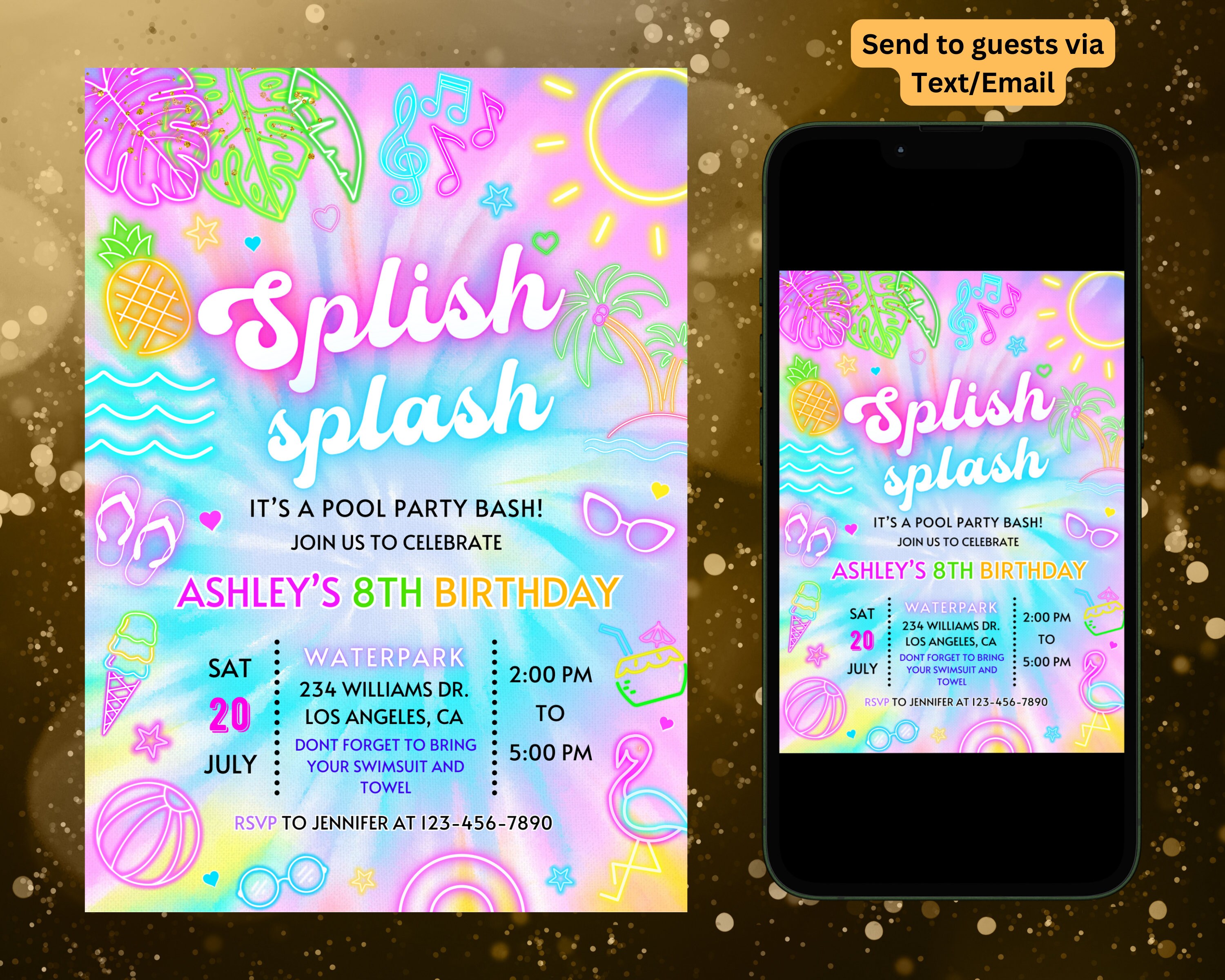 Pool Party Invitation, Glow Neon Pool Party Invite, Girl Boy Tropical ...
