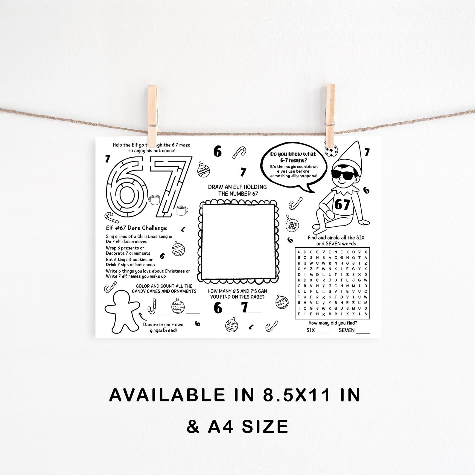 Elf 67 Activity Sheet Printable, Six Seven Trending Meme Funny Elf ...