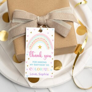 Rainbow Birthday Thank You Tag, Pastel Rainbow Party Gift Tags, Rainbow ...
