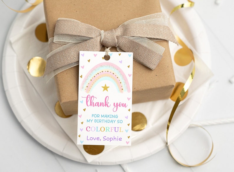 Rainbow Birthday Thank You Tag, Pastel Rainbow Party Gift Tags, Rainbow ...