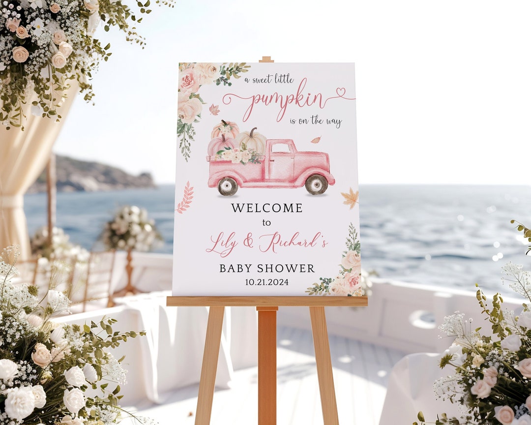 A Little Pumpkin on the Way Welcome Sign, EDITABLE Pink Truck Boho ...