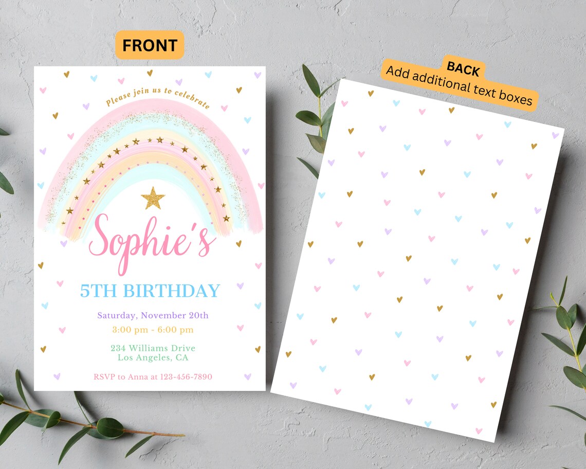 Rainbow Birthday Party Invitation, Colorful Pastel Rainbow Party Invite ...
