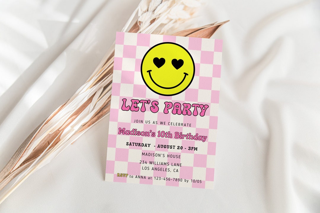 Preppy Smiley Face Birthday Party Invitation Template,smiley Face ...