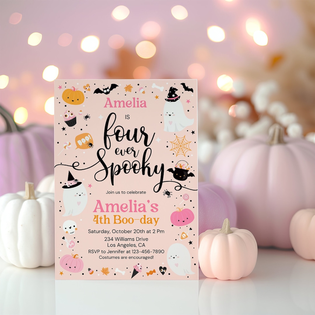 Four Ever Spooky Halloween Birthday Invitation,editable Pink Halloween ...