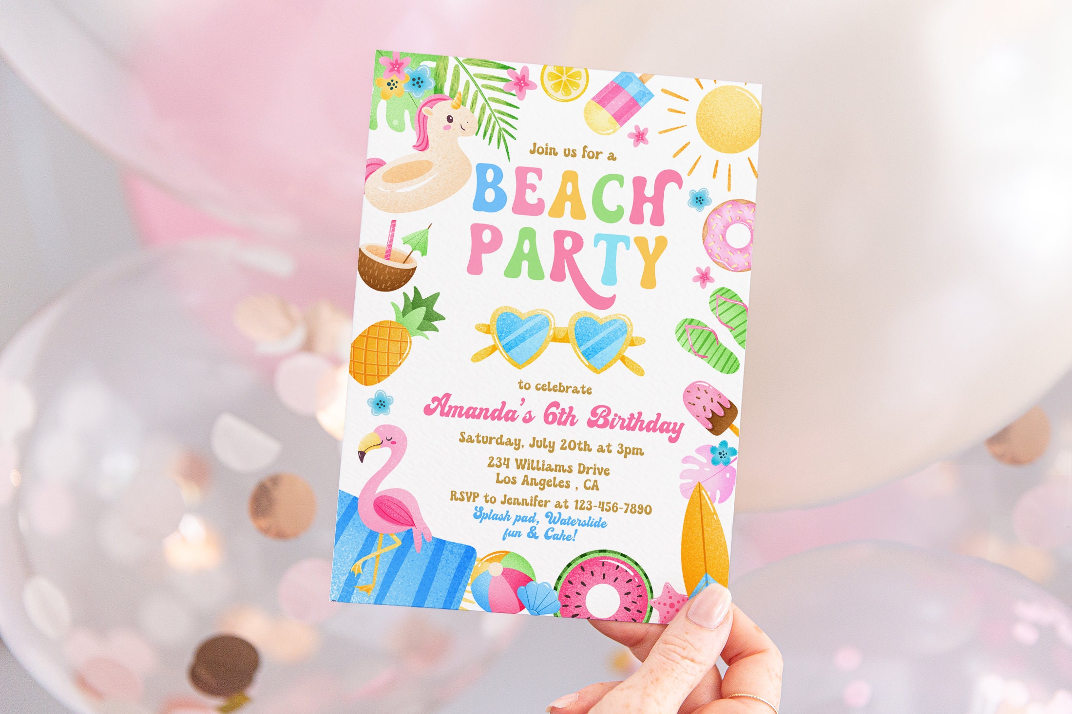 Beach Birthday Party Invitation, EDITABLE Tropical Splish Splash Girl ...