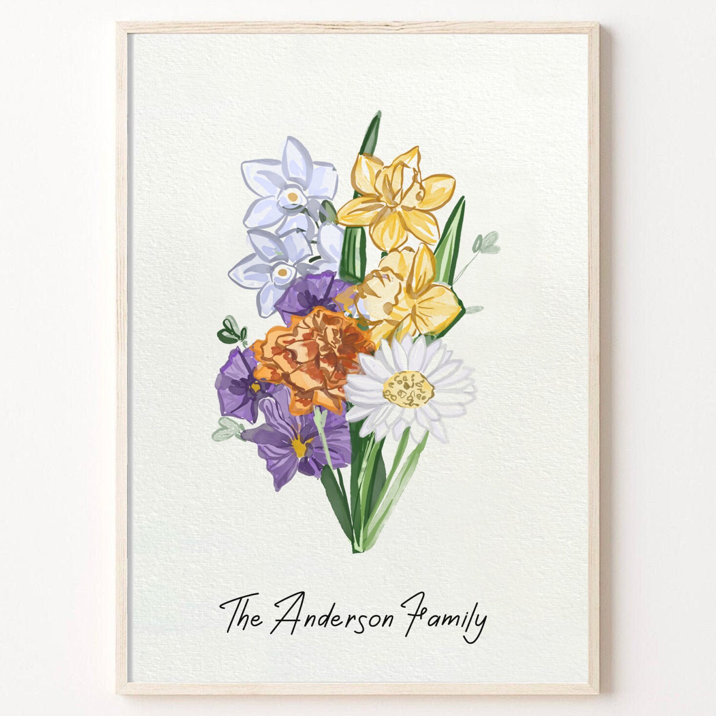 Birth Flower Family Bouquet Birth Month Flower Art Custom Hand Drawn ...