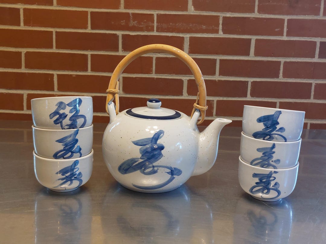 Vintage Chi Kiang Stoneware Tea Set White & Blue Speckled Teapot With ...