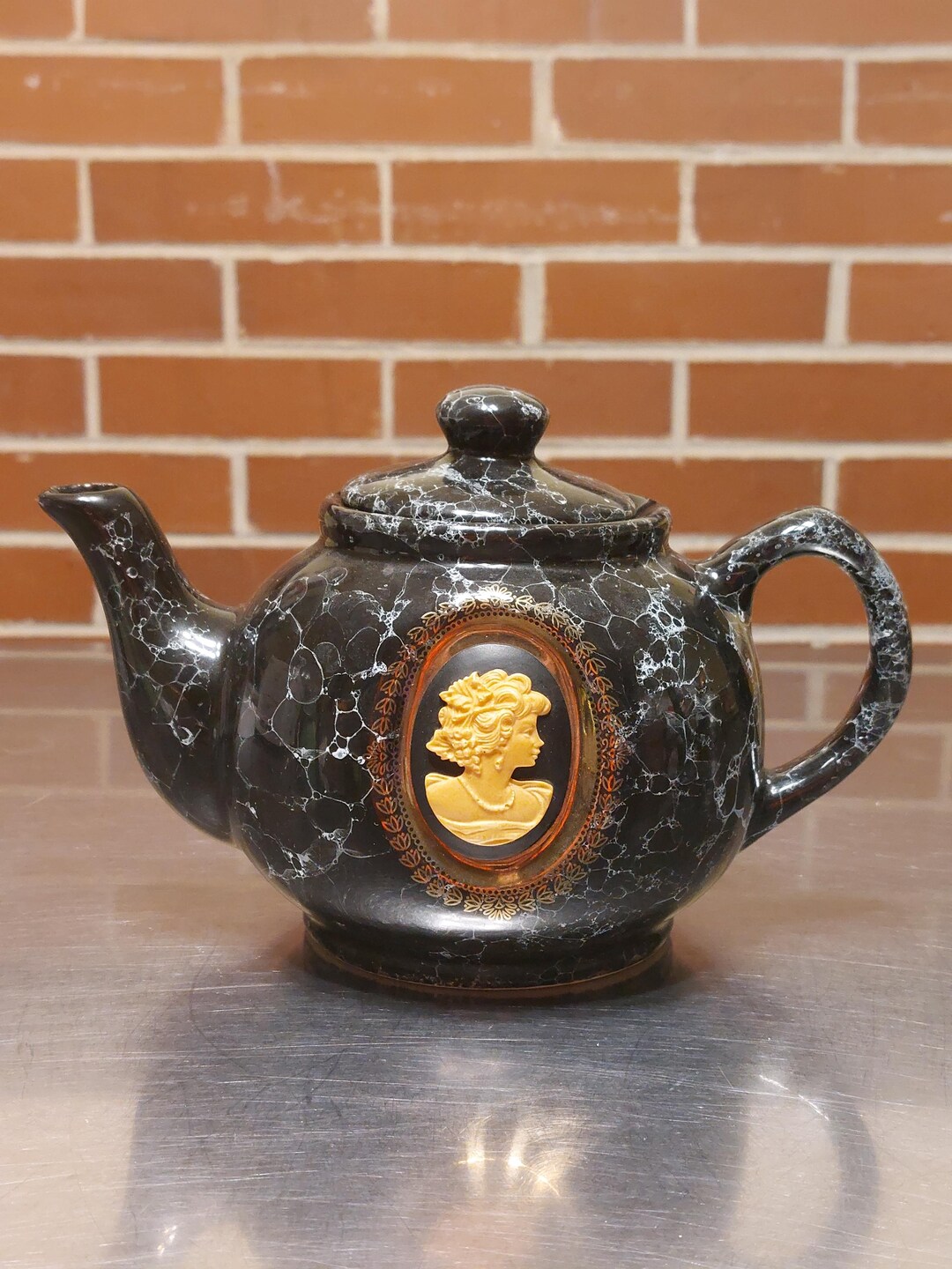 Vintage Black Marble Patterned Teapot With Cameo Face - Etsy