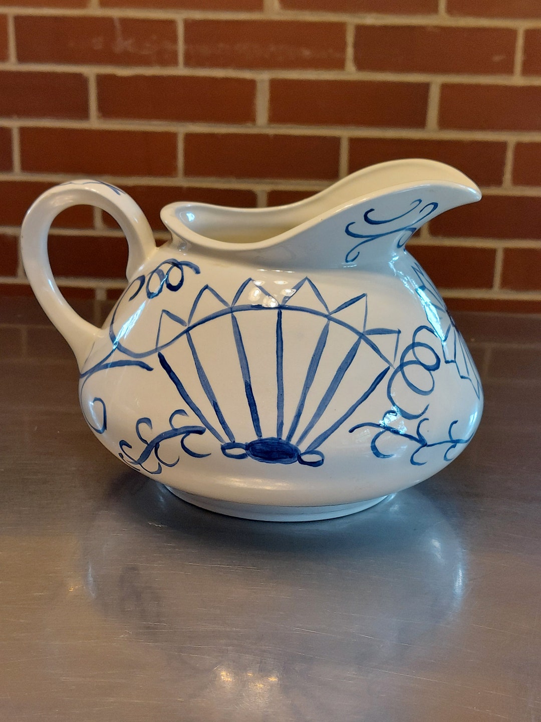 Vintage Large Blue White Hand-painted Pitcher - Etsy
