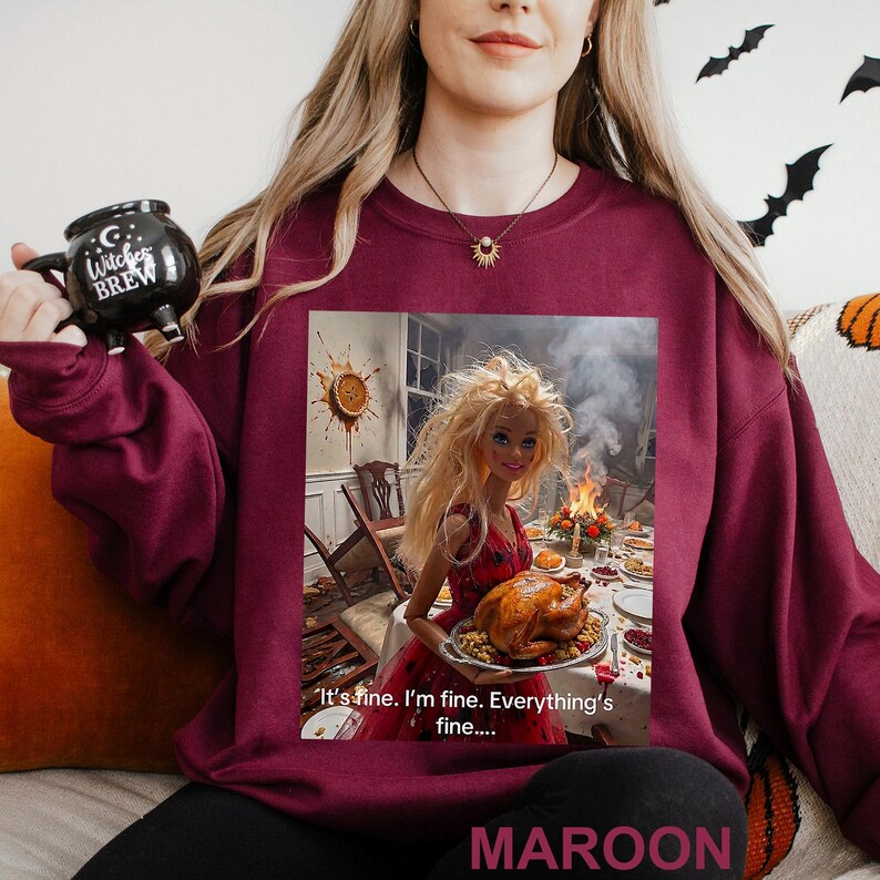 Distressed Doll Face Meme Sweatshirt, It's Fine I'm Fine Doll ...