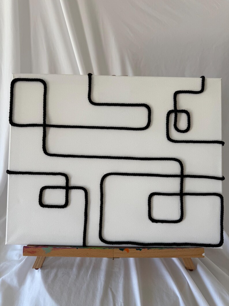 Modern String Art on Canvas – Black Yarn on White – Minimalist Abstract ...