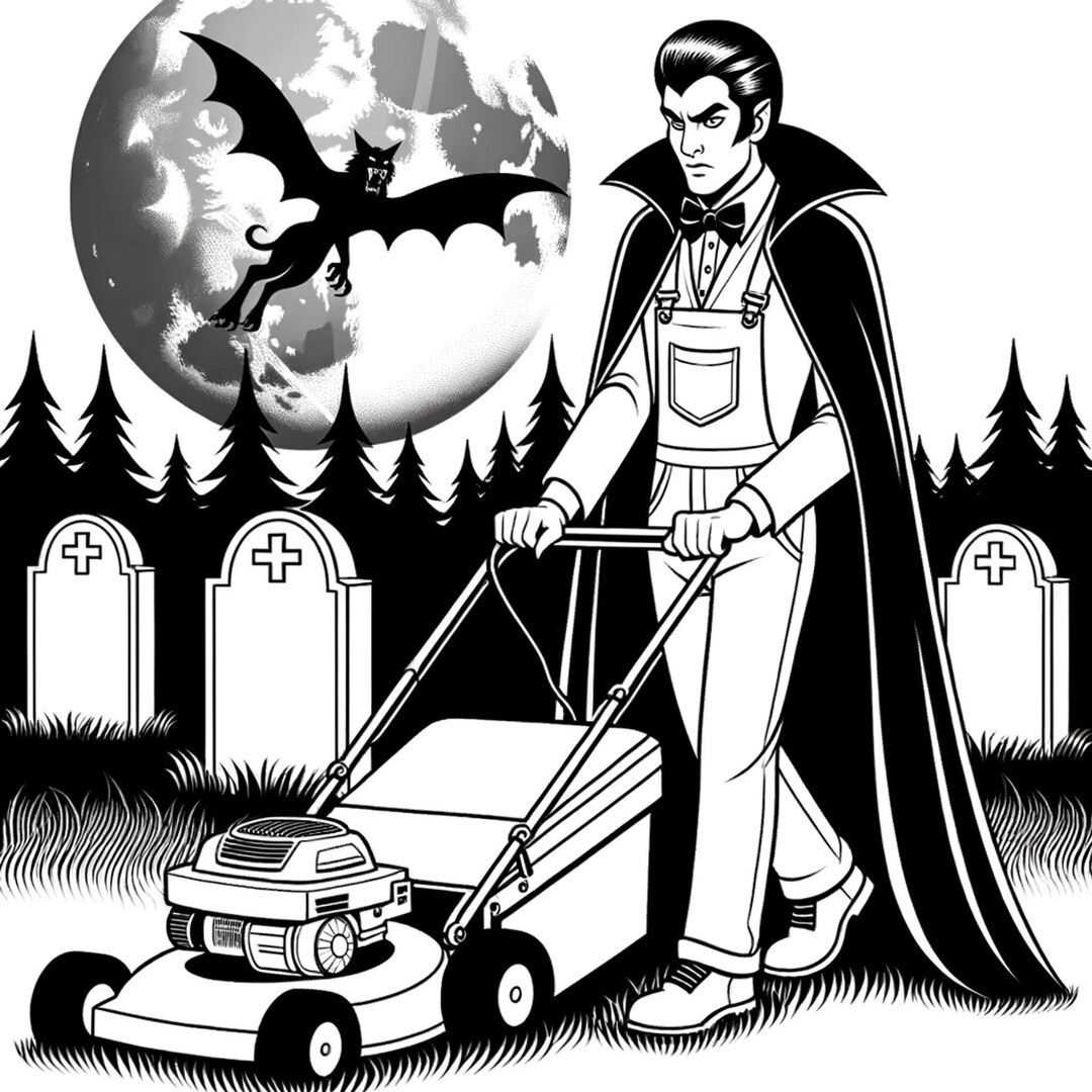 Mundane Monsters: Vampire Mowing the Lawn - Unique Black & White Vector ...
