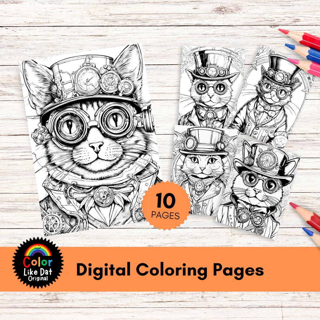 Steampunk Cat Coloring Pages, Victorian Kitten Themed Coloring Pages ...