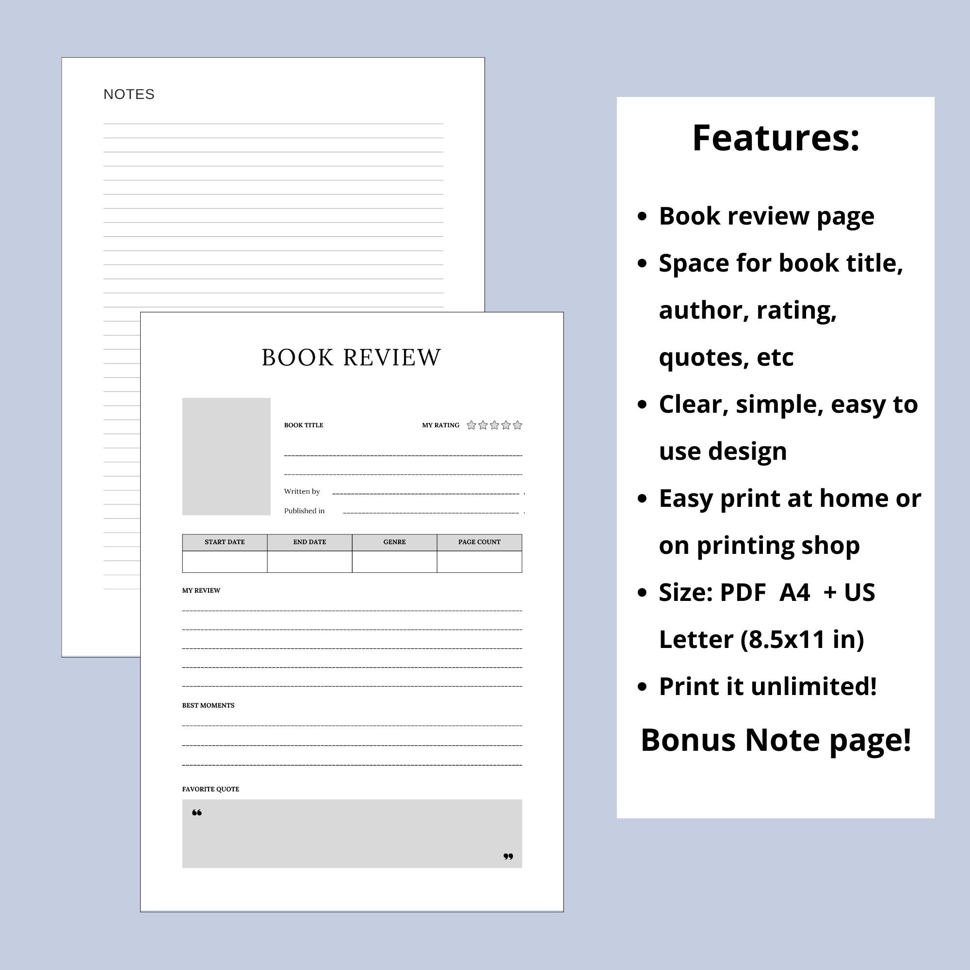 Printable Book Review With Bonus Note Page Book Rating Book Challenge ...