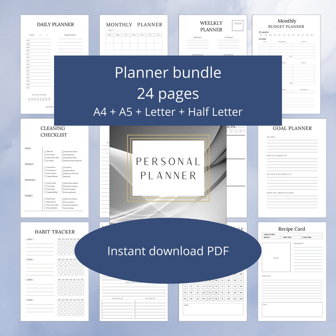 Printable Planner Bundle Cover Minimalist Black & White 24 Pages ...