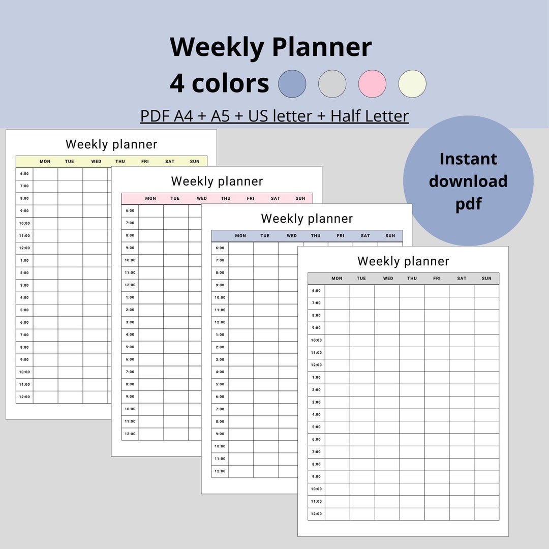 Digital Weekly Schedule Printable Planner in 4 Vibrant Shades - Etsy