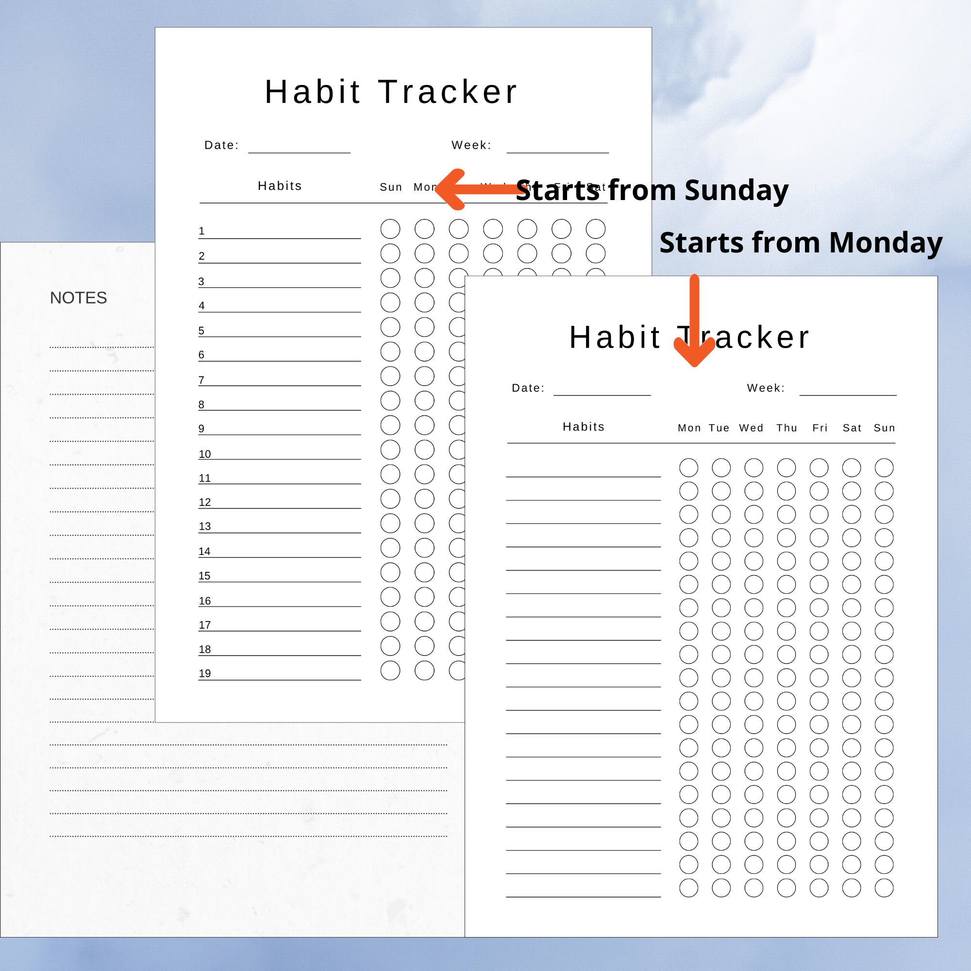 Printable Habit Tracker Undated Weekly Tracker 2 Versions Note Page - Etsy