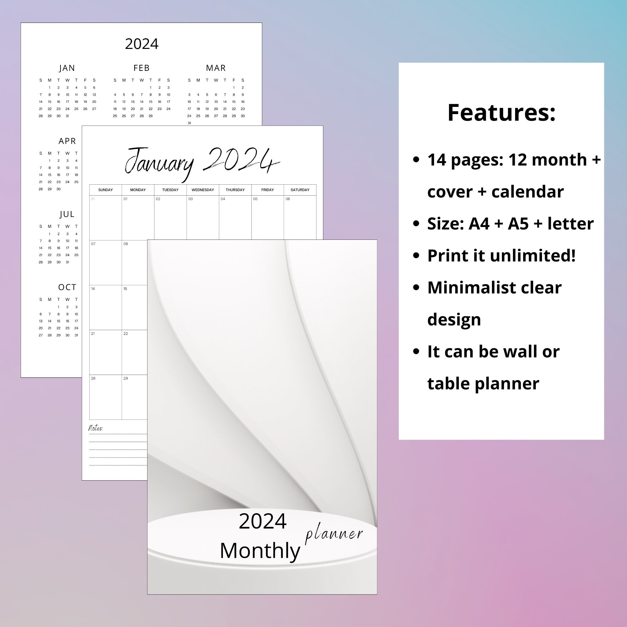 Printable Monthly Planner 2024/ Digital Calendar/ Minimalist - Etsy