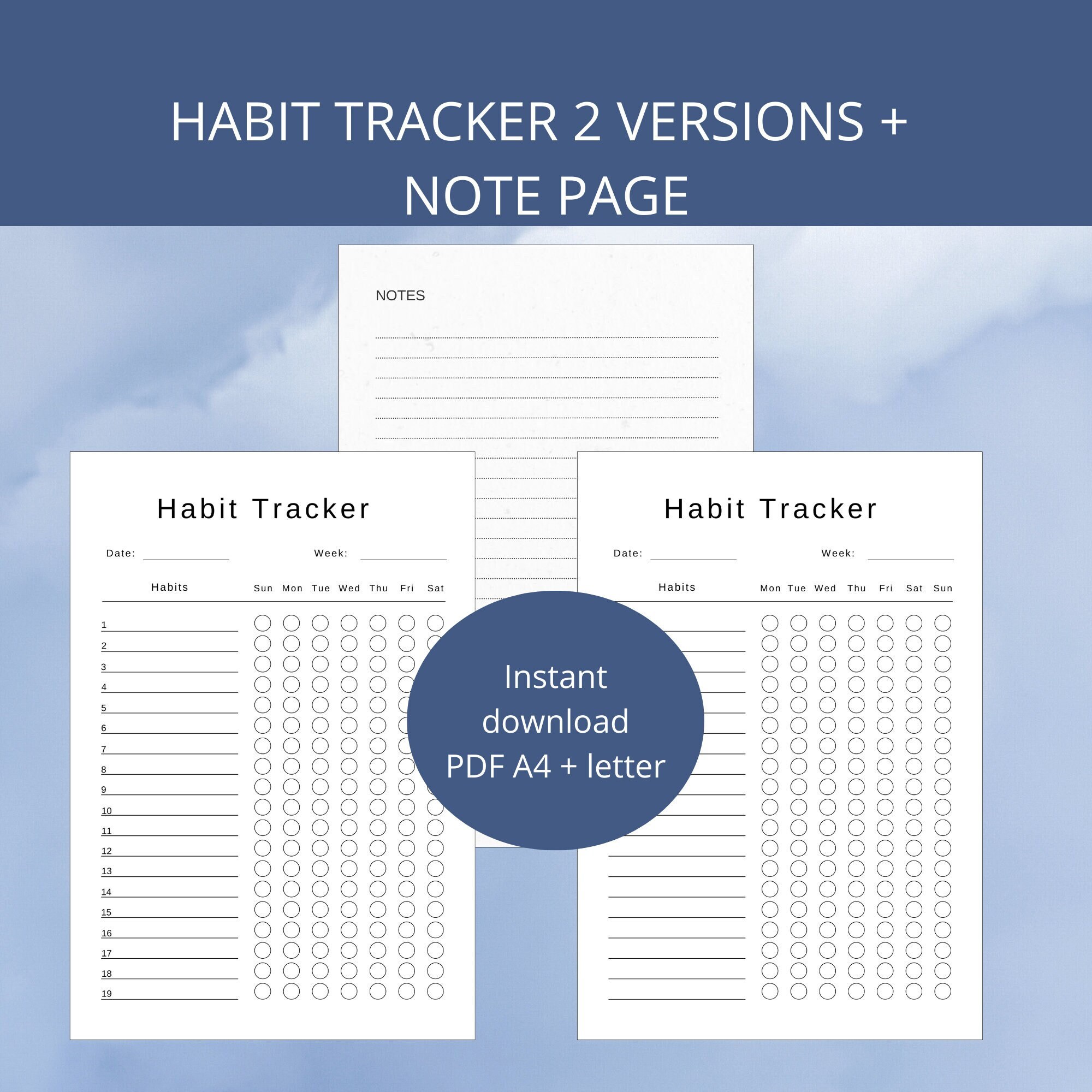 Printable Habit Tracker Undated Weekly Tracker 2 Versions Note Page - Etsy