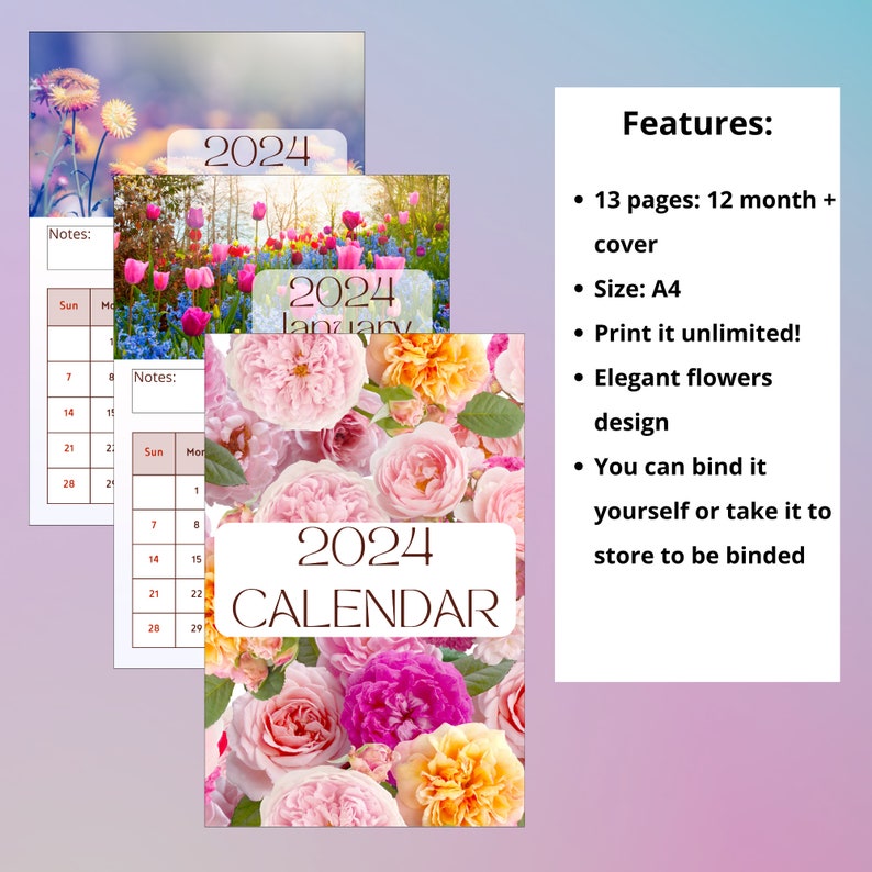 Printable Flowers Wall Calendar 2024/ A4 PDF Digital Instant Download ...