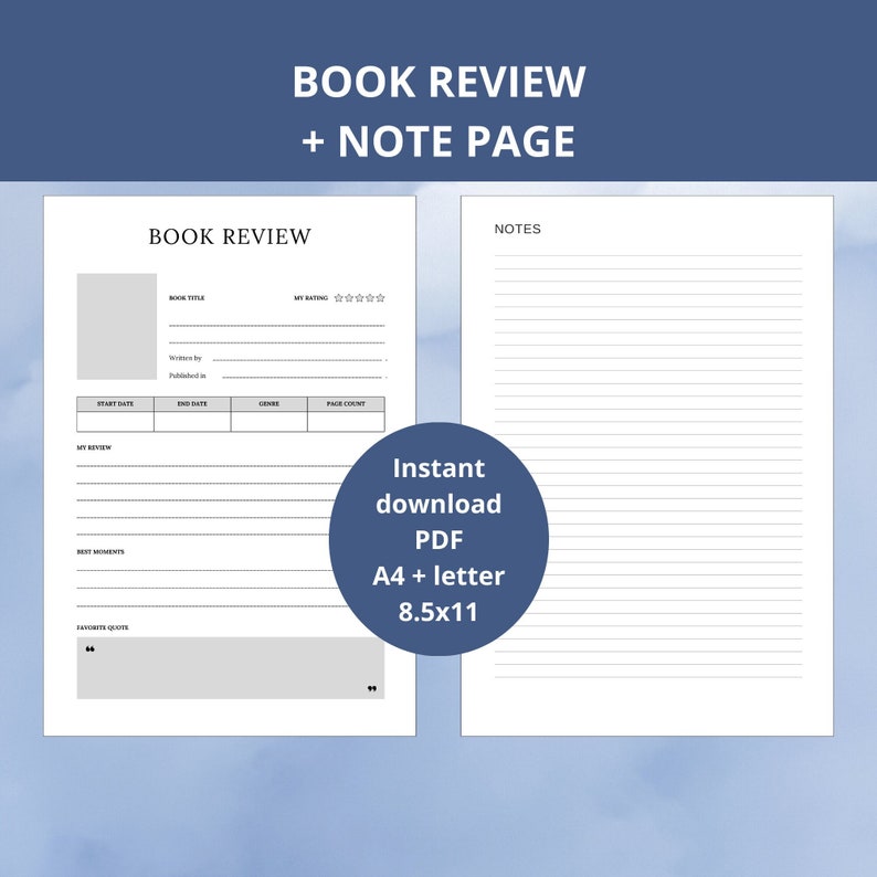Printable Book Review With Bonus Note Page Book Rating Book Challenge ...
