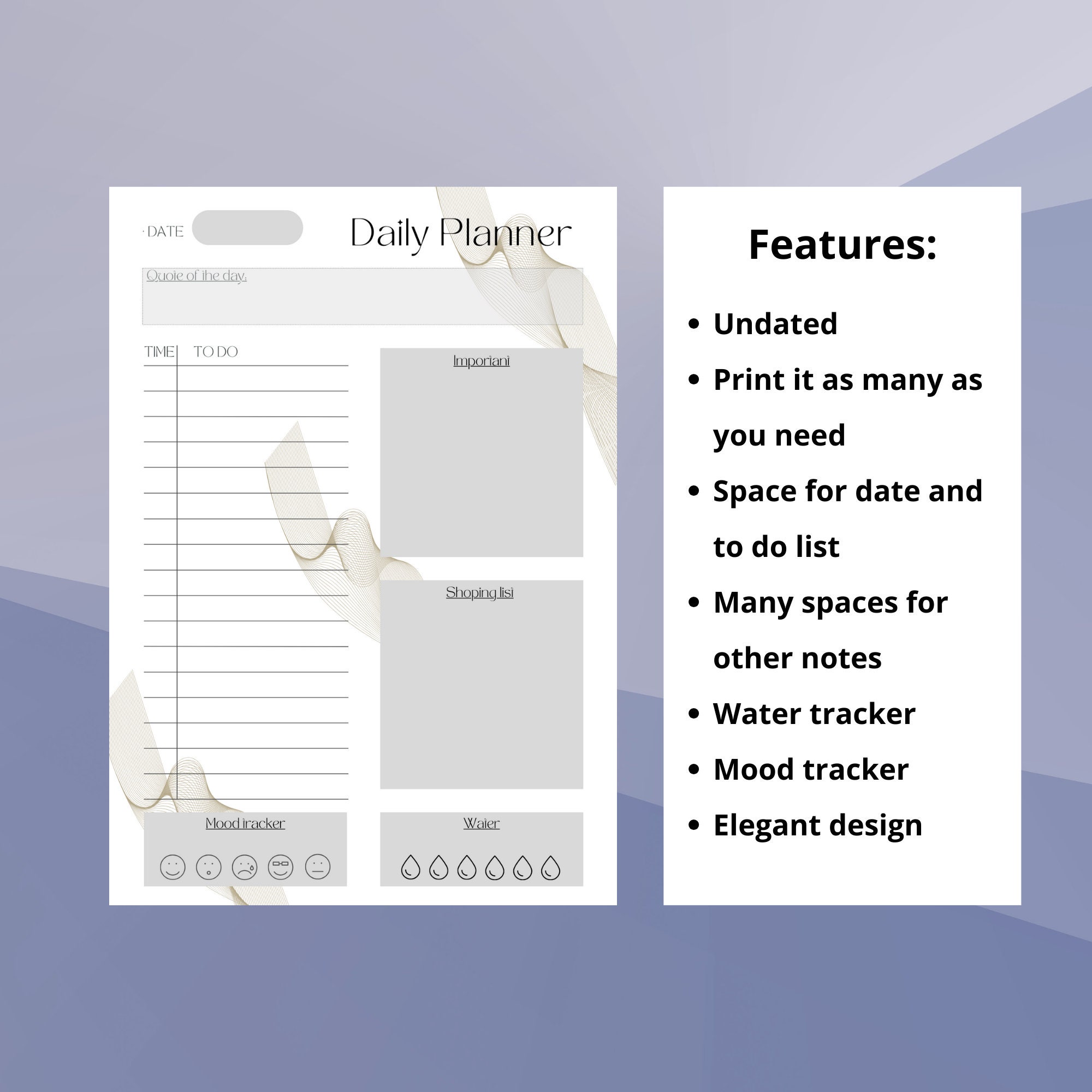 Printable Undated Daily Planner, to Do List, Water Tracker, Mood ...