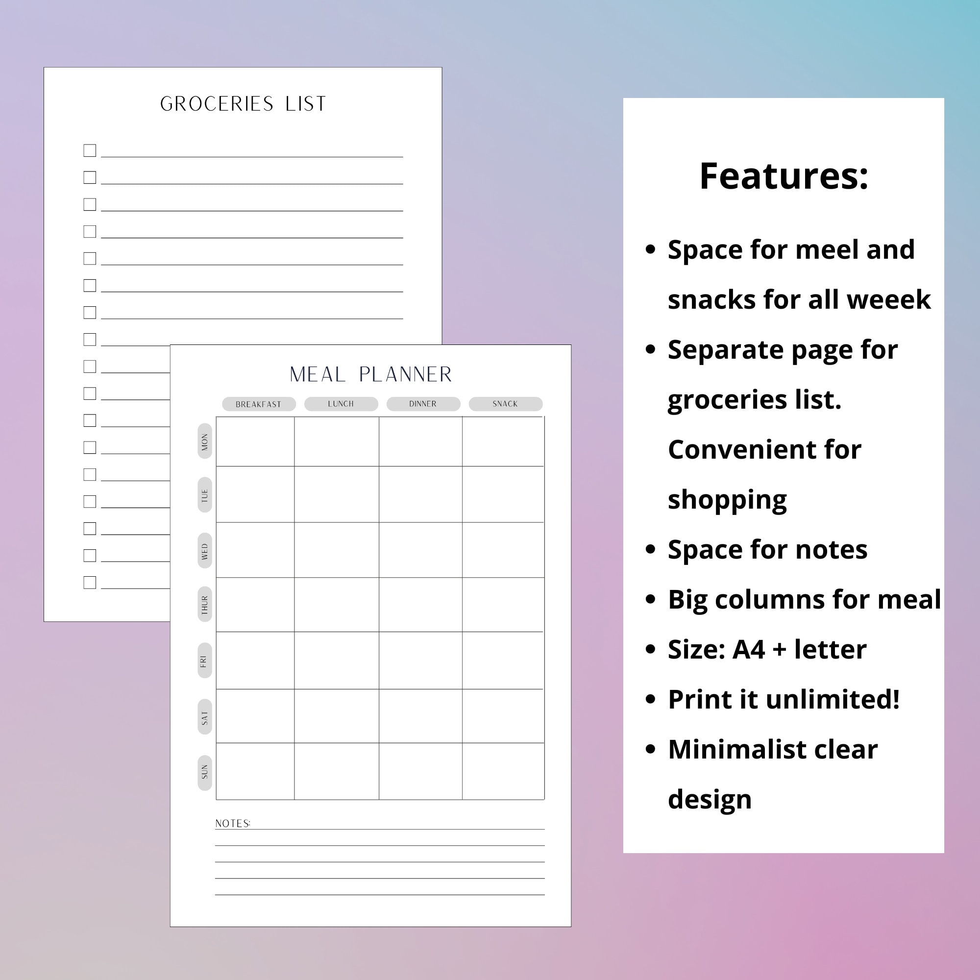 Minimalist Printable Weekly Meal Planner With Bonus Groceries List ...