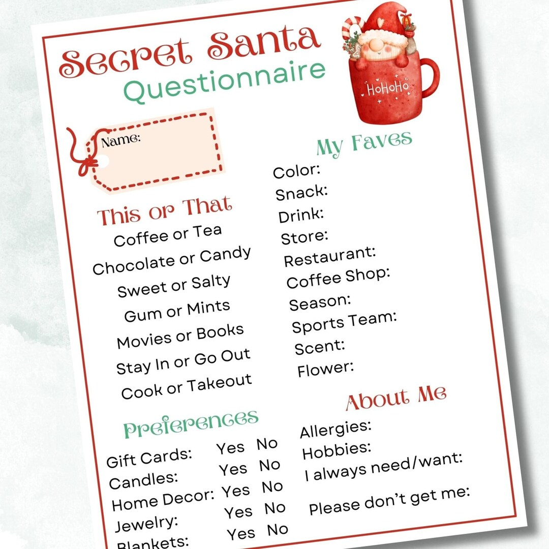 Secret Santa Questionnaire, Secret Santa Survey, Gift Exchange - Etsy