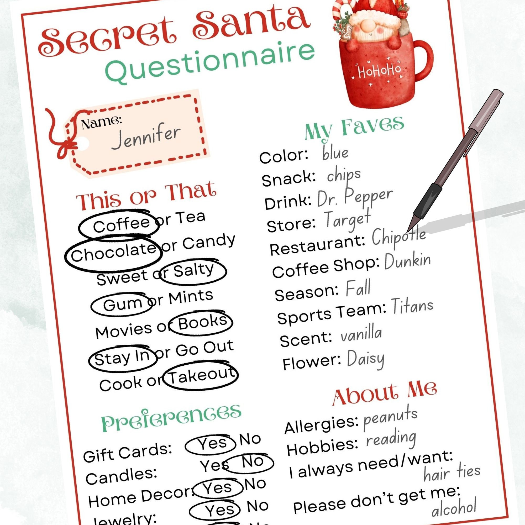 Secret Santa Questionnaire, Secret Santa Survey, Gift Exchange - Etsy