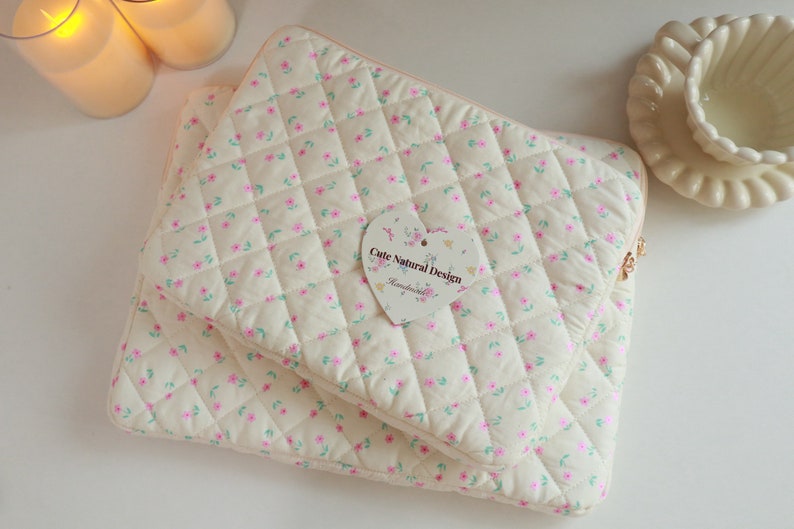 Cream Floral iPad Bag, Quilted Laptop Sleeve, MacBook Pro Cover ...