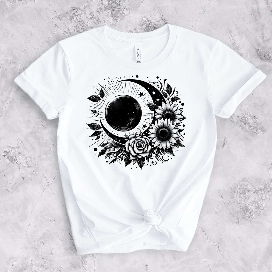 Eclipse Sun Moon Flowers Black DTF Transfers, Clear Film Transfer ...