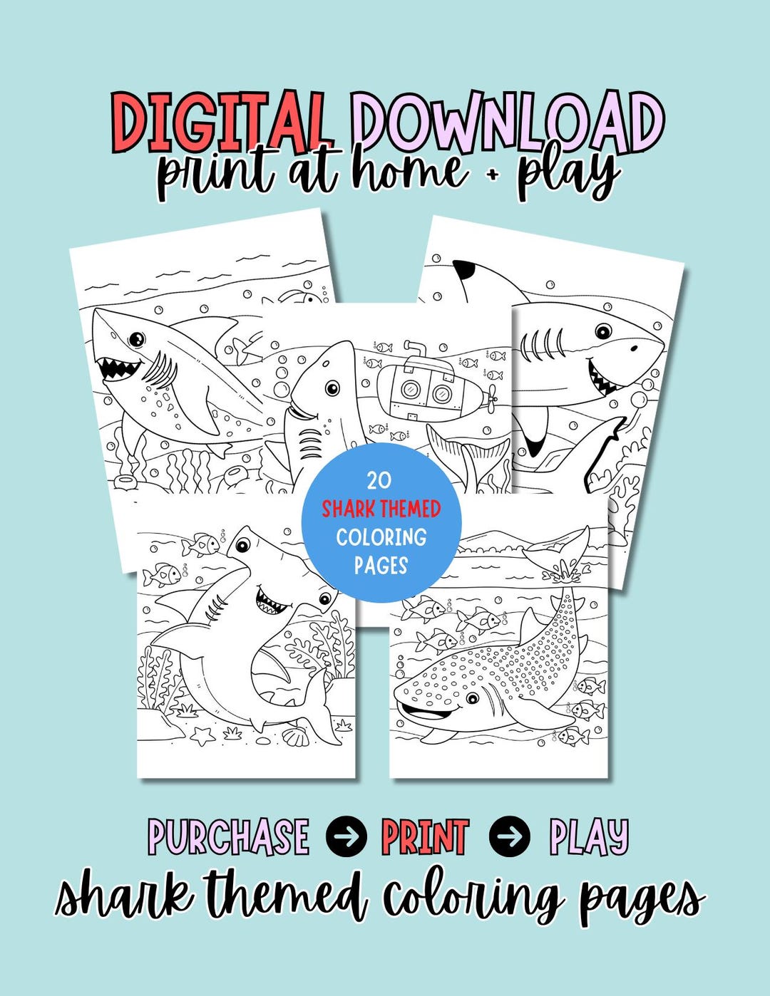 20 Shark Themed Print at Home Coloring Pages - Set of 20 - Etsy