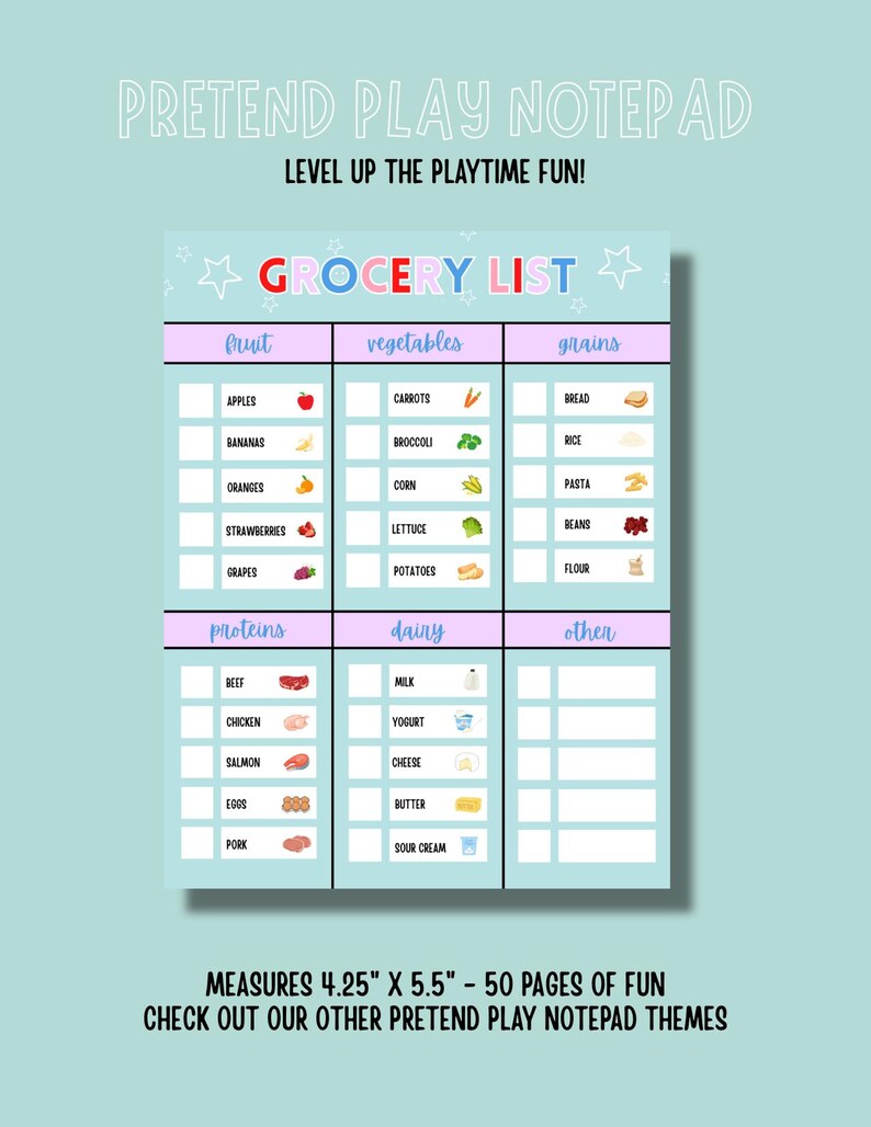 Grocery List Pretend Play Notepad - 50 Pages per Notepad - Etsy