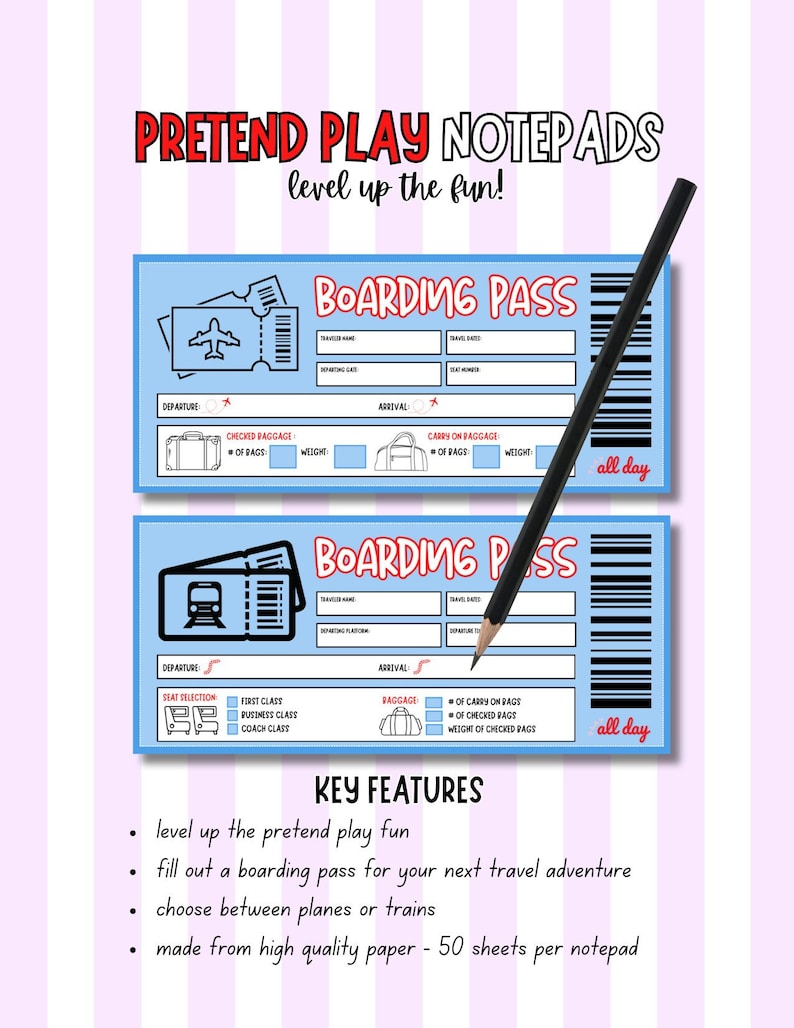Plane or Train Boarding Pass Pretend Play Notepad - 50 Pages per ...