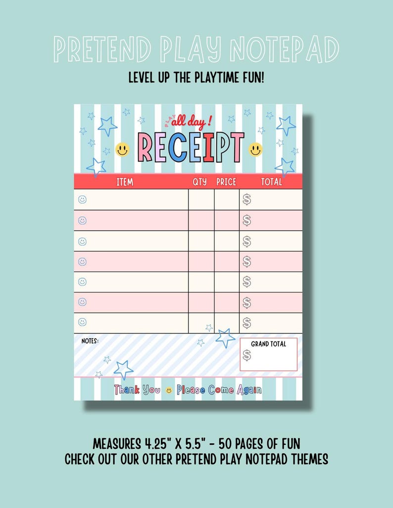 Receipt Two Part Pretend Play Notepad - 50 Pages per Notepad - Etsy