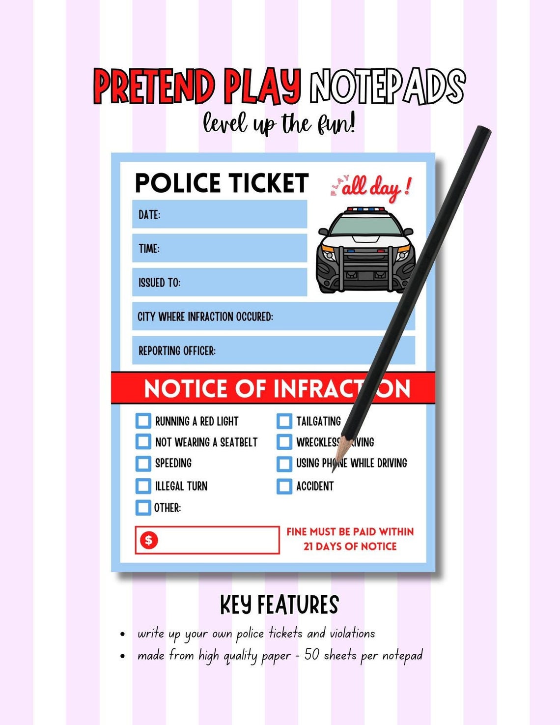 Police Ticket Pretend Play Notepad - 50 Pages per Notepad - Etsy
