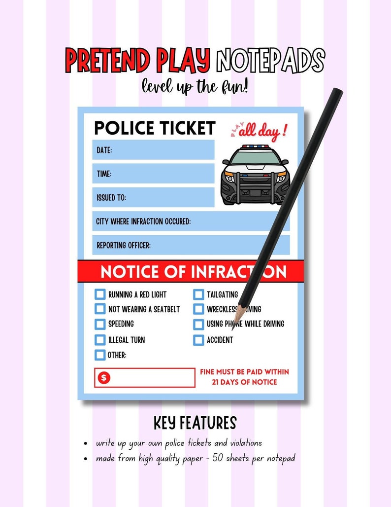 Police Ticket Pretend Play Notepad - 50 Pages per Notepad - Etsy