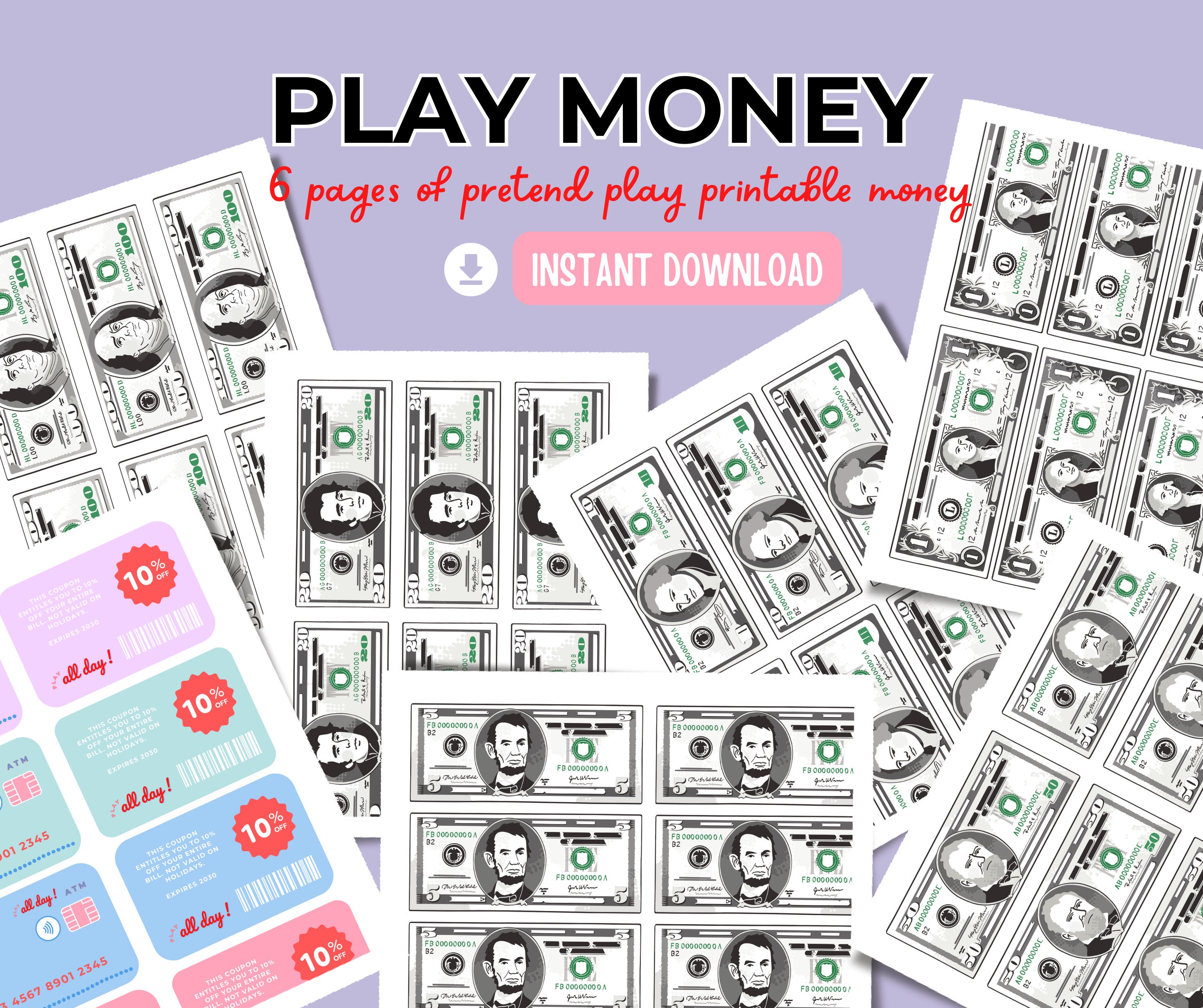 Dramatic Play Digital Download of Pretend Money Printable for Pretend ...