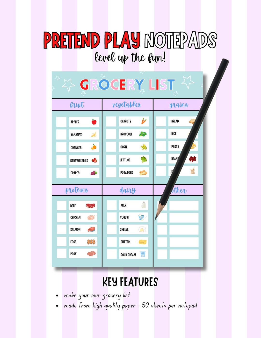 Grocery List Pretend Play Notepad - 50 Pages per Notepad - Etsy