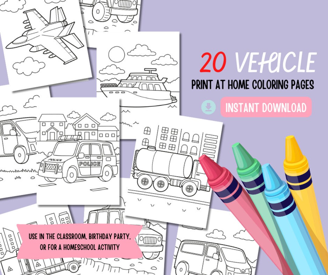20 Vehicle Print at Home Coloring Pages - Set of 20 - Etsy