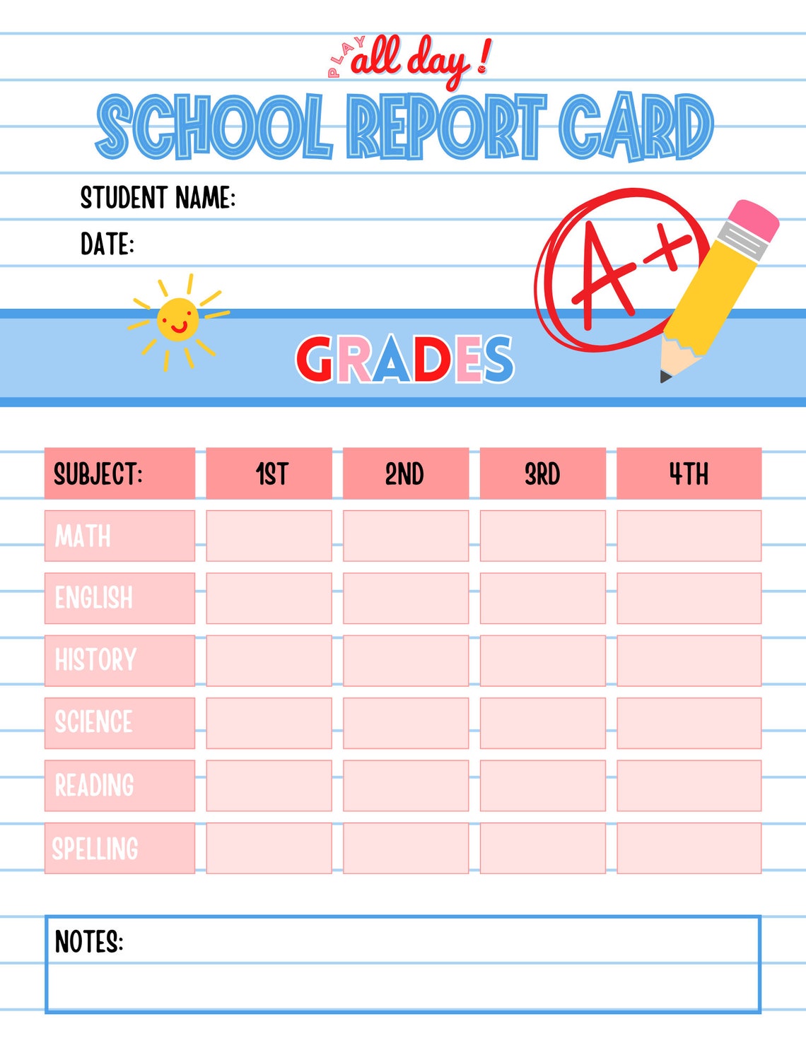 School Report Card Pretend Play Notepad - 50 Pages per Notepad - Etsy