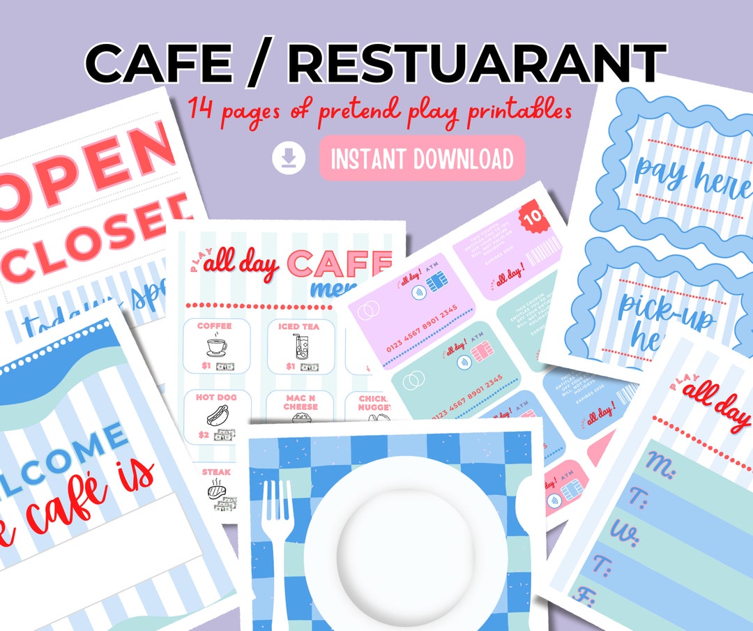Café Pretend Play Printable Bundle for Kids to Play Café or Restaurant ...