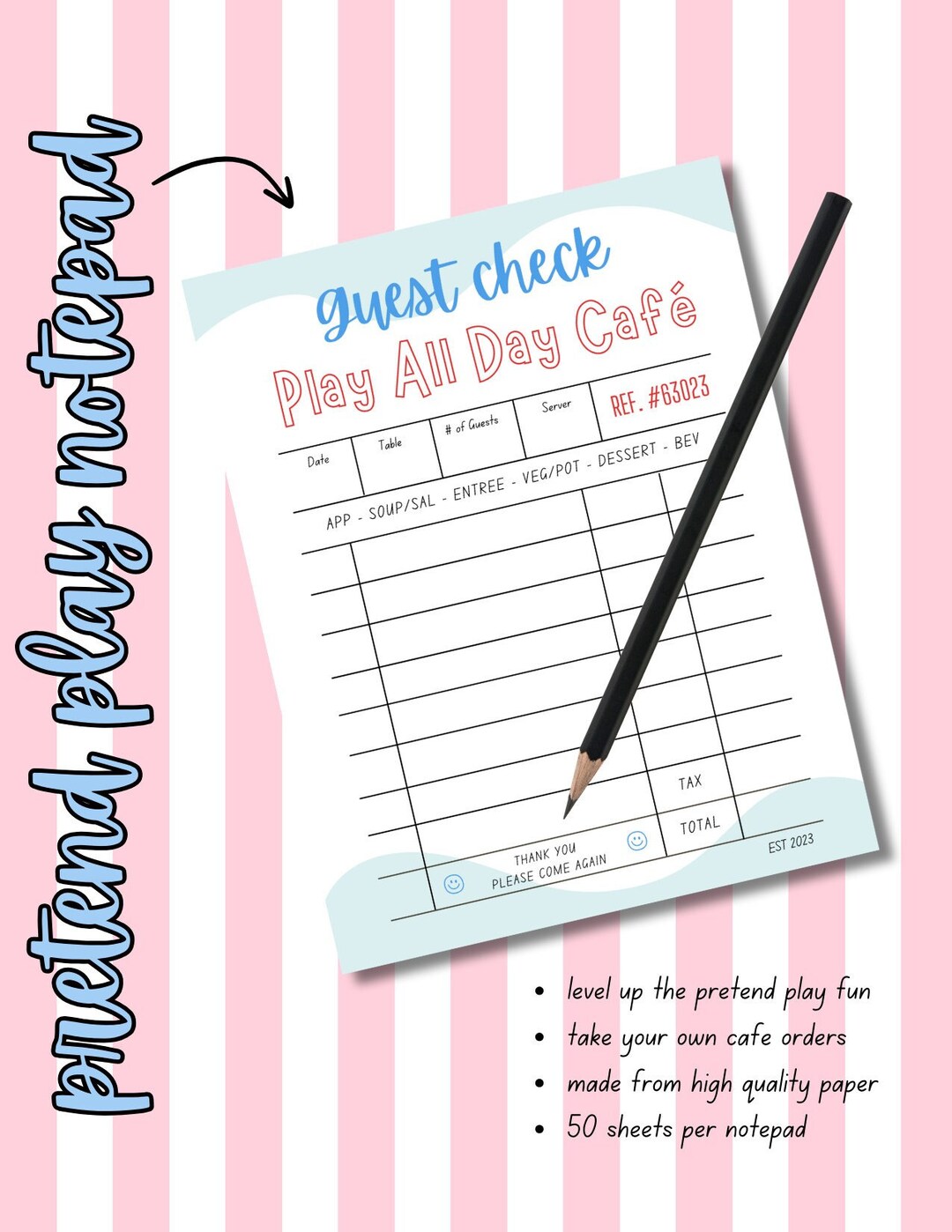 Restaurant Guest Check Pretend Play Notepad 50 Pages per Notepad - Etsy